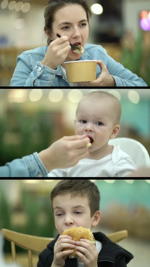 Collage of people eating food at food co... | Stock Video | Pond5