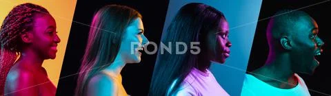 Collage of side view portraits of young smiling people isolated over ...