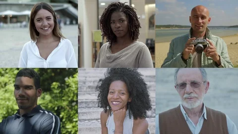 Collage of smiling mixed race people loo... | Stock Video | Pond5