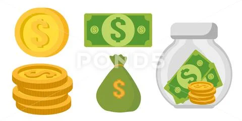 Collection set of money object golden coin paper money bank note ~ Clip ...