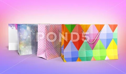 Coloder paper bags 3d render on gradient background ~ Clip Art #112550243