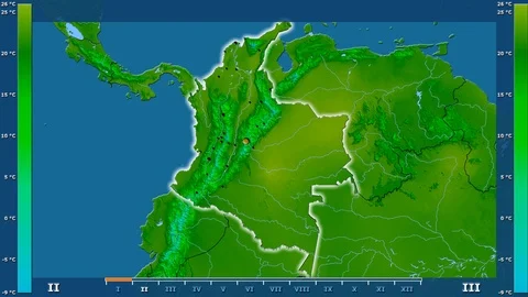 Colombia - minimum temperature, borders ... | Stock Video | Pond5
