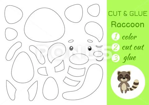 Color, cut and glue paper little raccoon. Cut and paste crafts activity ...