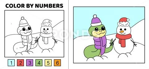 Color by number. Snake creates cute snowman. Coloring page. Game for ...