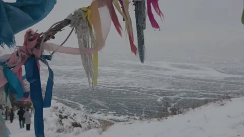 Colored khadak ribbons on the tree of de... | Stock Video | Pond5