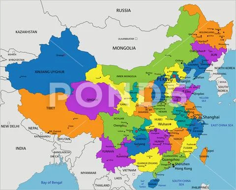 Colorful China political map with clearly labeled, separated layers ...