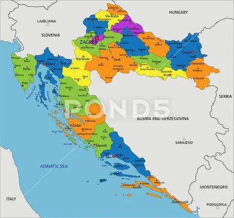Colorful Croatia political map with clearly labeled, separated layers ...