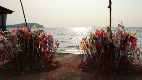 A colorful flags on sandy pagoda in Thai... | Stock Video | Pond5