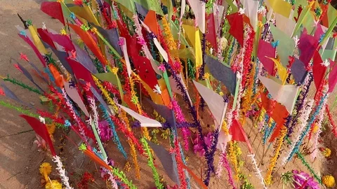 A colorful flags on sandy pagoda in Thai... | Stock Video | Pond5