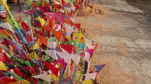 A colorful flags on sandy pagoda in Thai... | Stock Video | Pond5