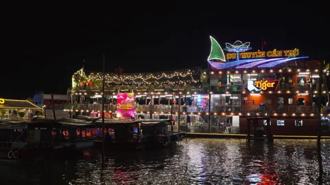 A colorful floating restaurant ship in C... | Stock Video | Pond5