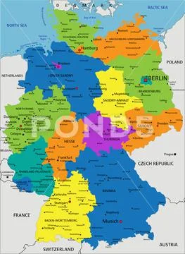 Colorful Germany political map with clearly labeled, separated layers ...