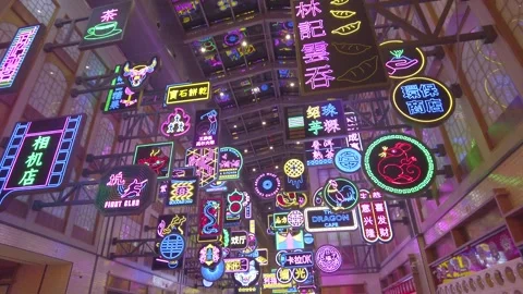 Colorful Neon Lights Signages Of Stores ... | Stock Video | Pond5