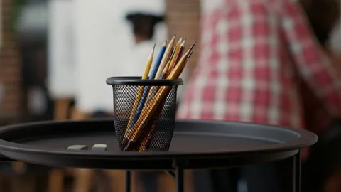 Colorful pencils and erasers on table us... | Stock Video | Pond5