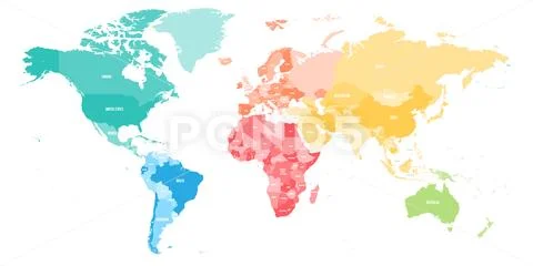 Colorful political map of World divided into six continent with country ...