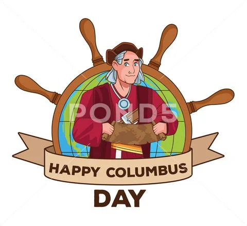 Columbus day celebration scene of christopher lifting paper map guide ...