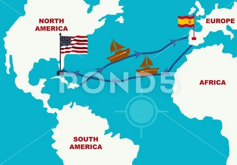 Columbus Routes Map from Europe to America. World Map With Columbus ...