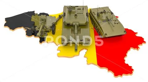Combat vehicles on Belgian map. Military defence of Belgium concept, 3D ...