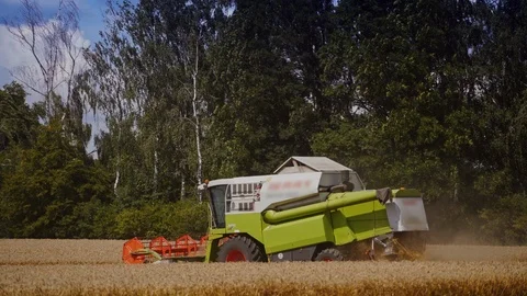 Combine harvester work on green trees ba... | Stock Video | Pond5