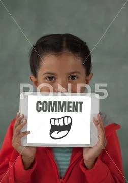 Comment text and cartoon mouth graphic on tablet screen with girl ~ Hi ...