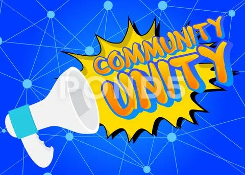 Community Unity text with cartoon Megaphone. Vector Announcement ...