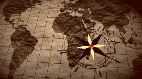 compass above moving grunge world map | Stock Video | Pond5