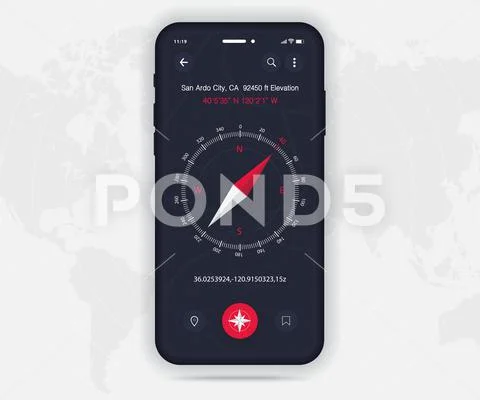 Compass app UI UX GUI dark mode concept, Map GPS app on screen smartphone tech ~ Clip Art #194635663