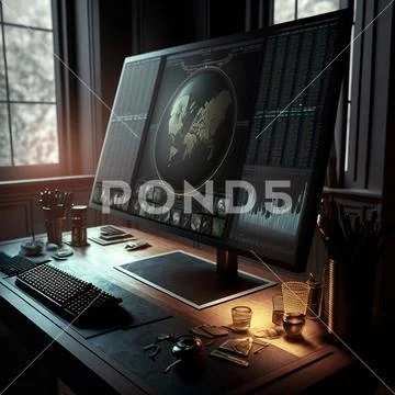 Computer and screens with graphs in the office in retro style, graph ...