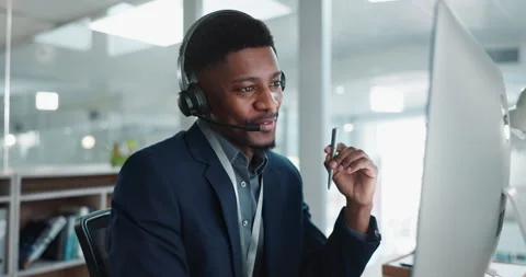 Computer, call center and black man talk... | Stock Video | Pond5