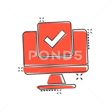 Computer check mark icon in comic style. Survey approval cartoon vector ...