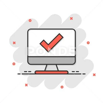 Computer check mark icon in comic style. Survey approval cartoon vector ...