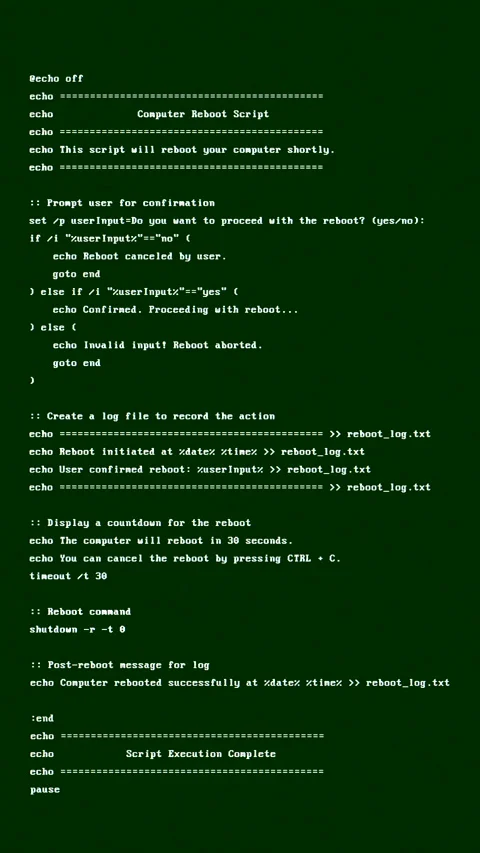 Computer reboot script animated on green... | Stock Video | Pond5