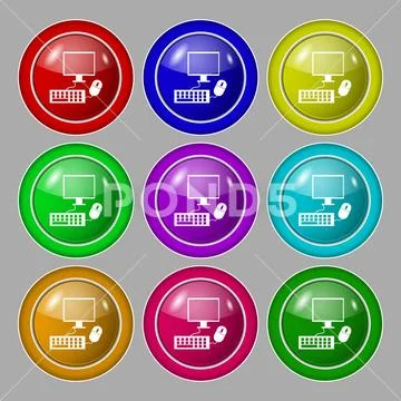 Computer widescreen monitor, keyboard, mouse sign icon. Symbol on nine ...