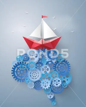 Concept of leader vision and thinking, paper boat sailing float on the ...