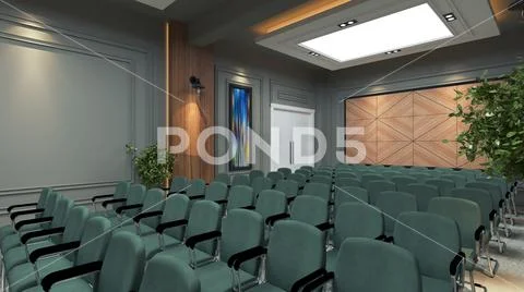 Conference hall concept design with wooden wall 3D rendering: Graphic ...