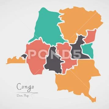 Congo Democratic Republic Map with states and modern round shapes ...