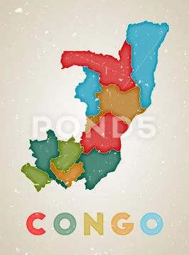 Congo map. Country poster with colored regions. Old grunge texture ...