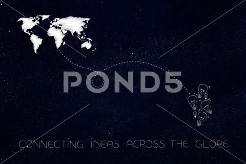 Connecting ideas world map linked by dashed line to group of lightbulbs ...