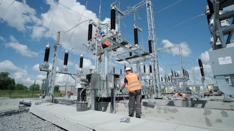 Construction of a transformer substation | Stock Video | Pond5