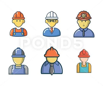 Construction worker icon set, cartoon style ~ Clip Art #108447007