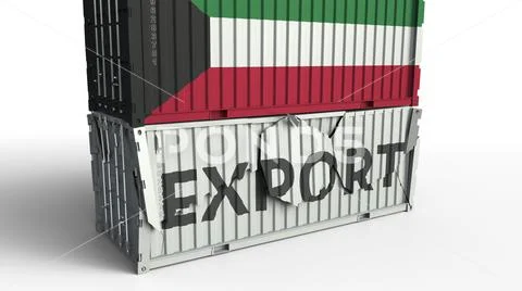 Container with EXPORT text being crashed with container with flag of Kuwait ~ Clip Art #103736351
