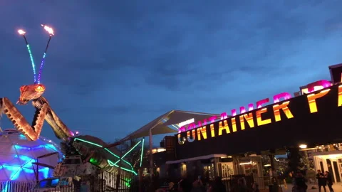 Container Park Mantis fire show at night... | Stock Video | Pond5
