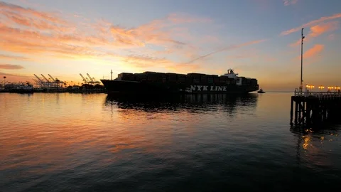 Container Ship Enters Port At Sunrise - ... | Stock Video | Pond5