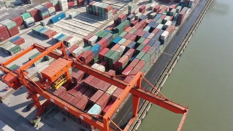 container terminal with solar panels on ... | Stock Video | Pond5