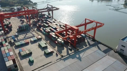 container terminal with solar panels on ... | Stock Video | Pond5