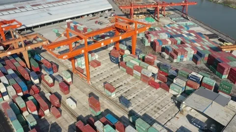 container terminal with solar panels on ... | Stock Video | Pond5