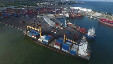 Containers on cargo ships in Haina port,... | Stock Video | Pond5