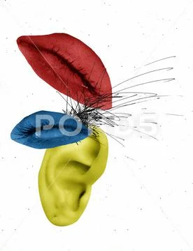 Contemporary art collage. Surreal artwork with human eyes and ear ...