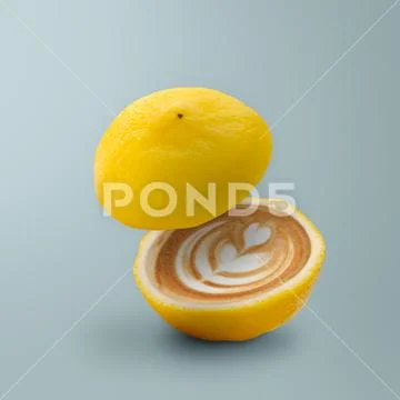 Contemporary art of Lemon with coffee inside on blue background Stock ...