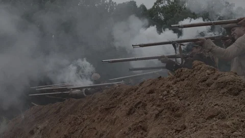 Continental Army Americans fire muskets ... | Stock Video | Pond5